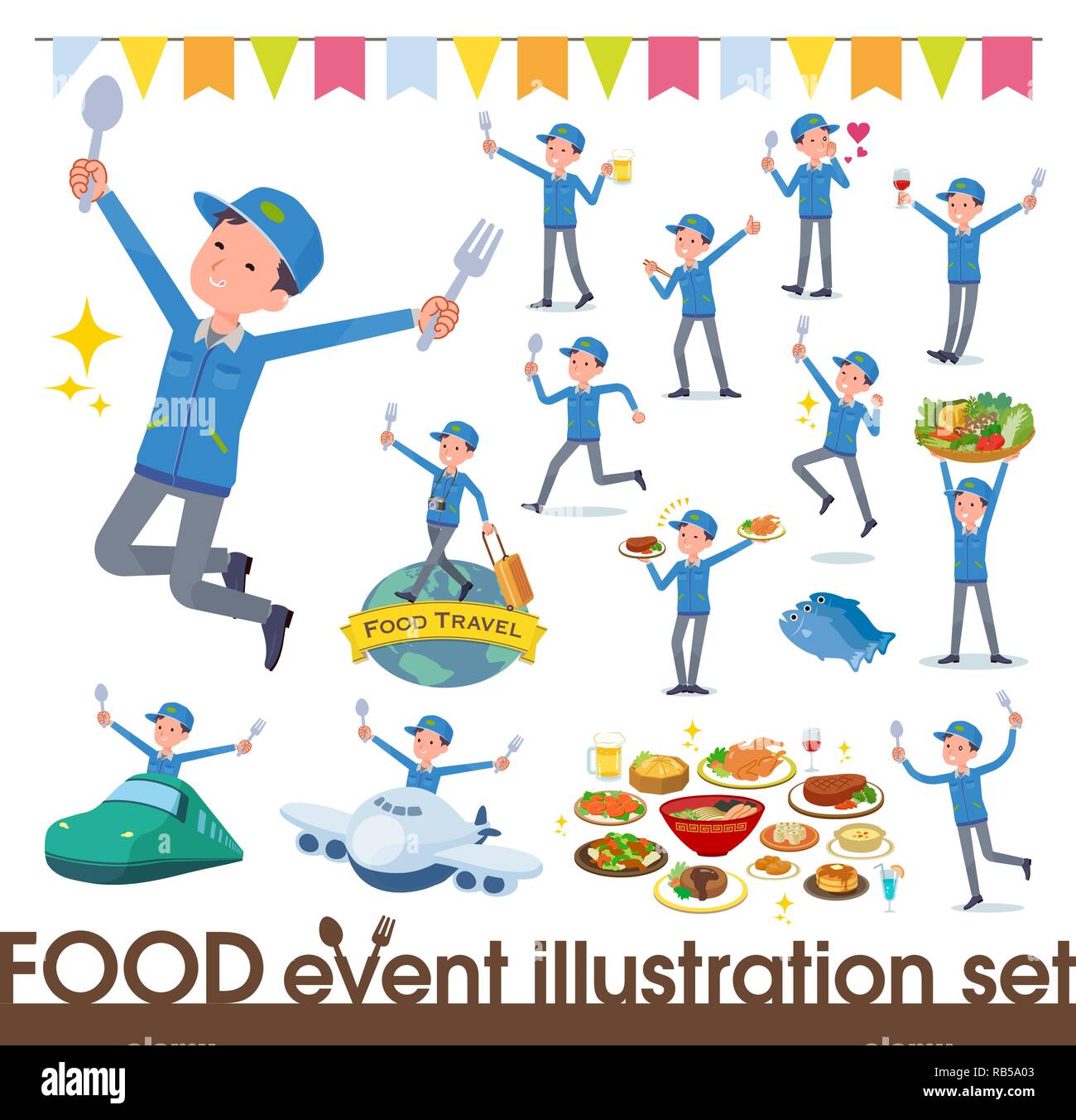 A set of Delivery man on food events.There are actions that have a fork ...