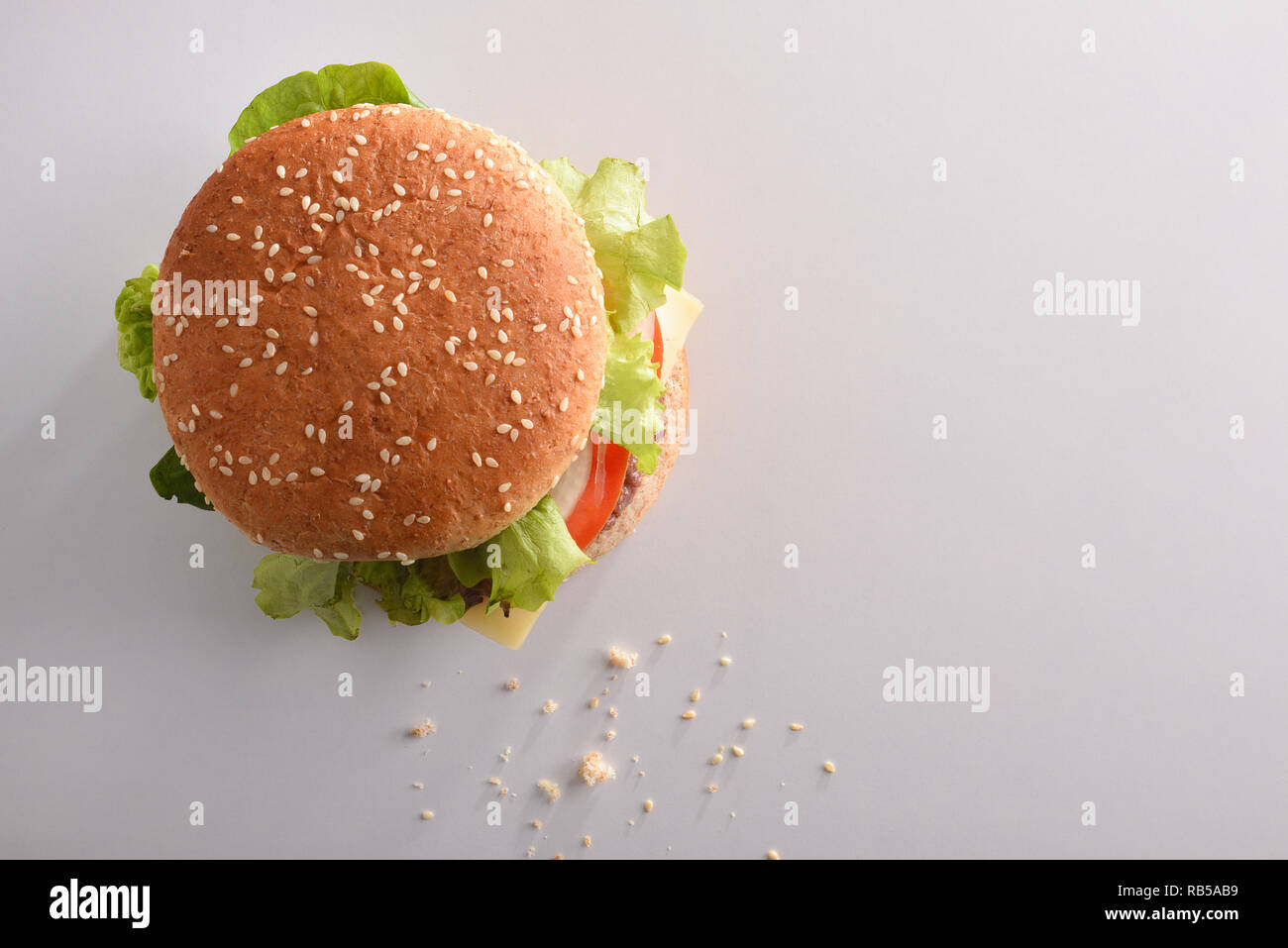 Beef burger on white table. Top view. Horizontal composition Stock ...
