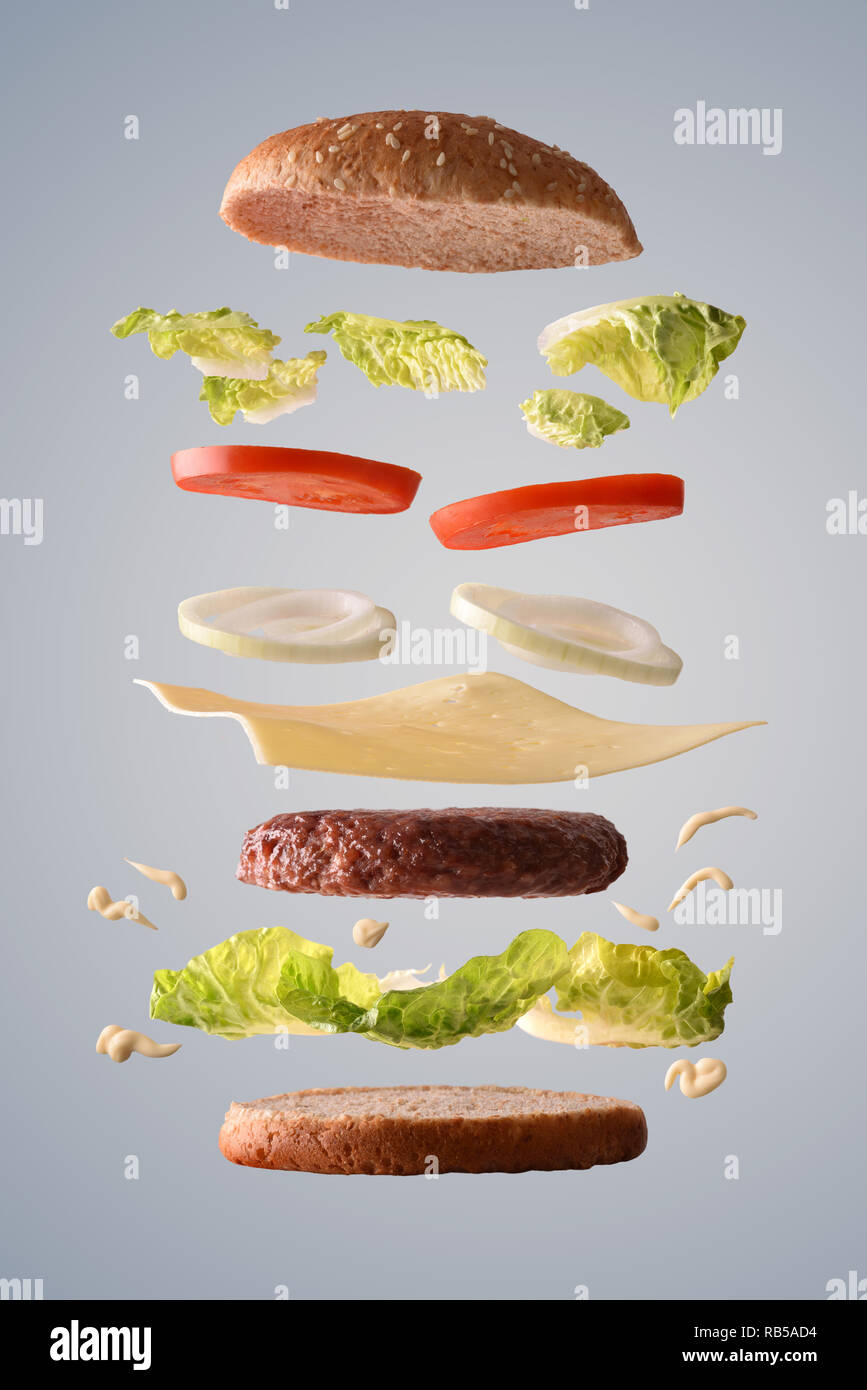 Classic beef burger with onion floating with ingredients broken down in ...