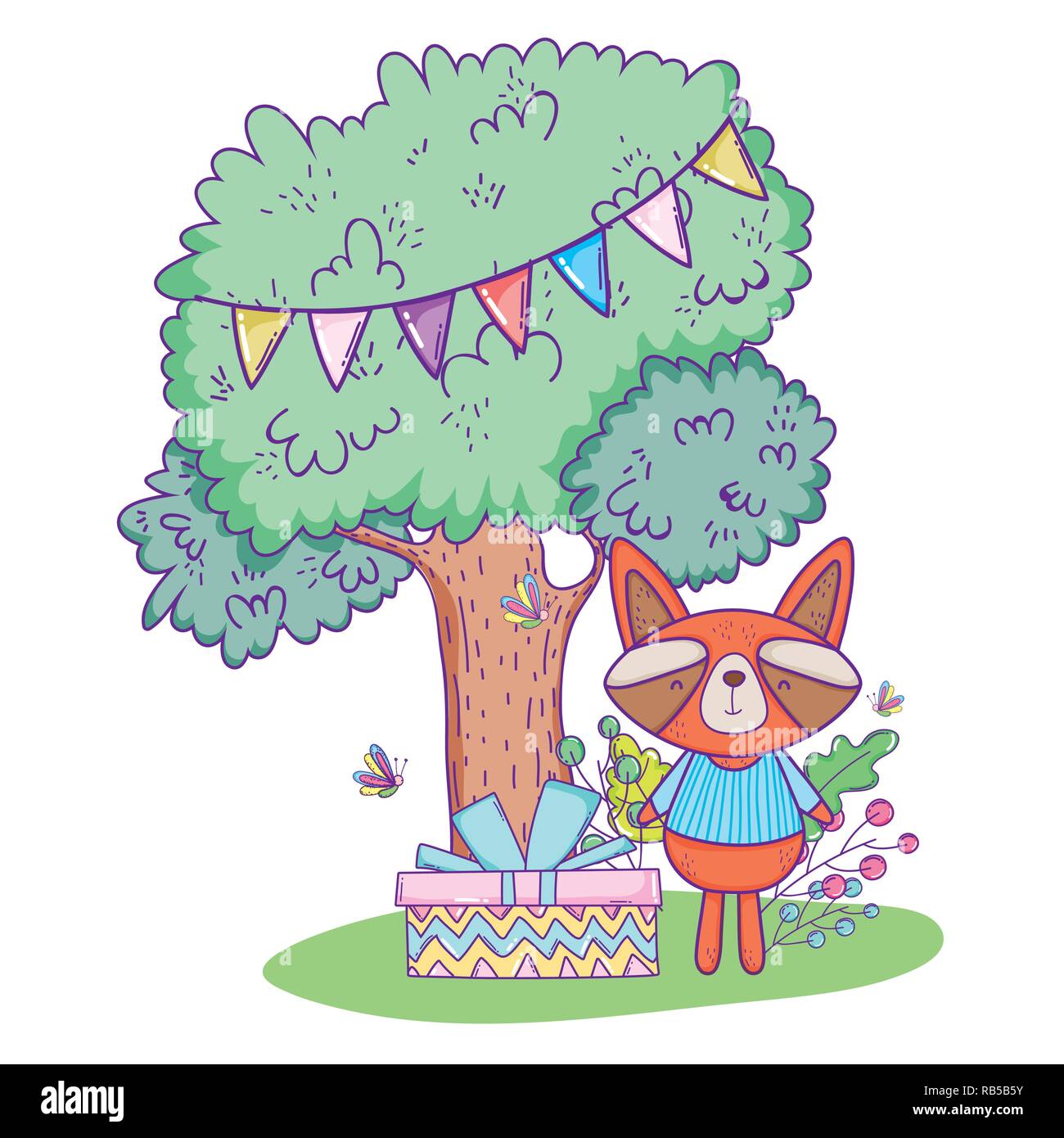 happy raccoon birthday with party banner in the tree Stock Vector Image ...
