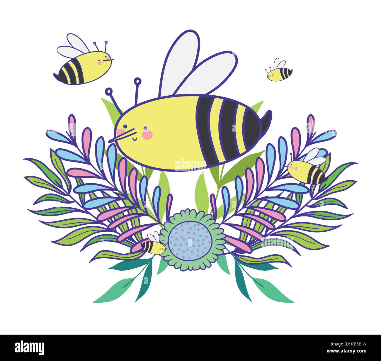 bee with spring branches leaves plant Stock Vector Image & Art - Alamy