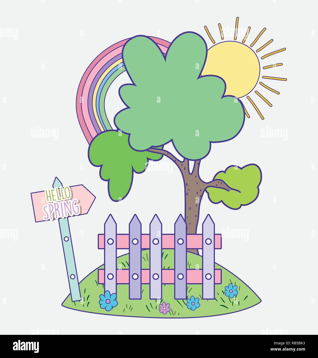 spring tree with rainbow and wood grillage Stock Vector Image & Art - Alamy