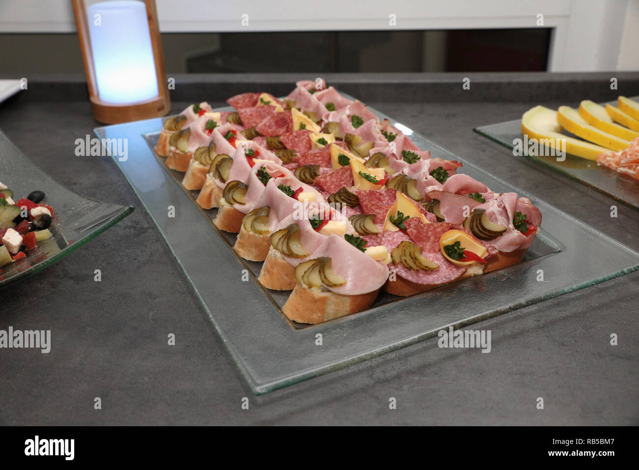 Typical Czech sandwiches served on the tray. Sandwiches with ham and ...