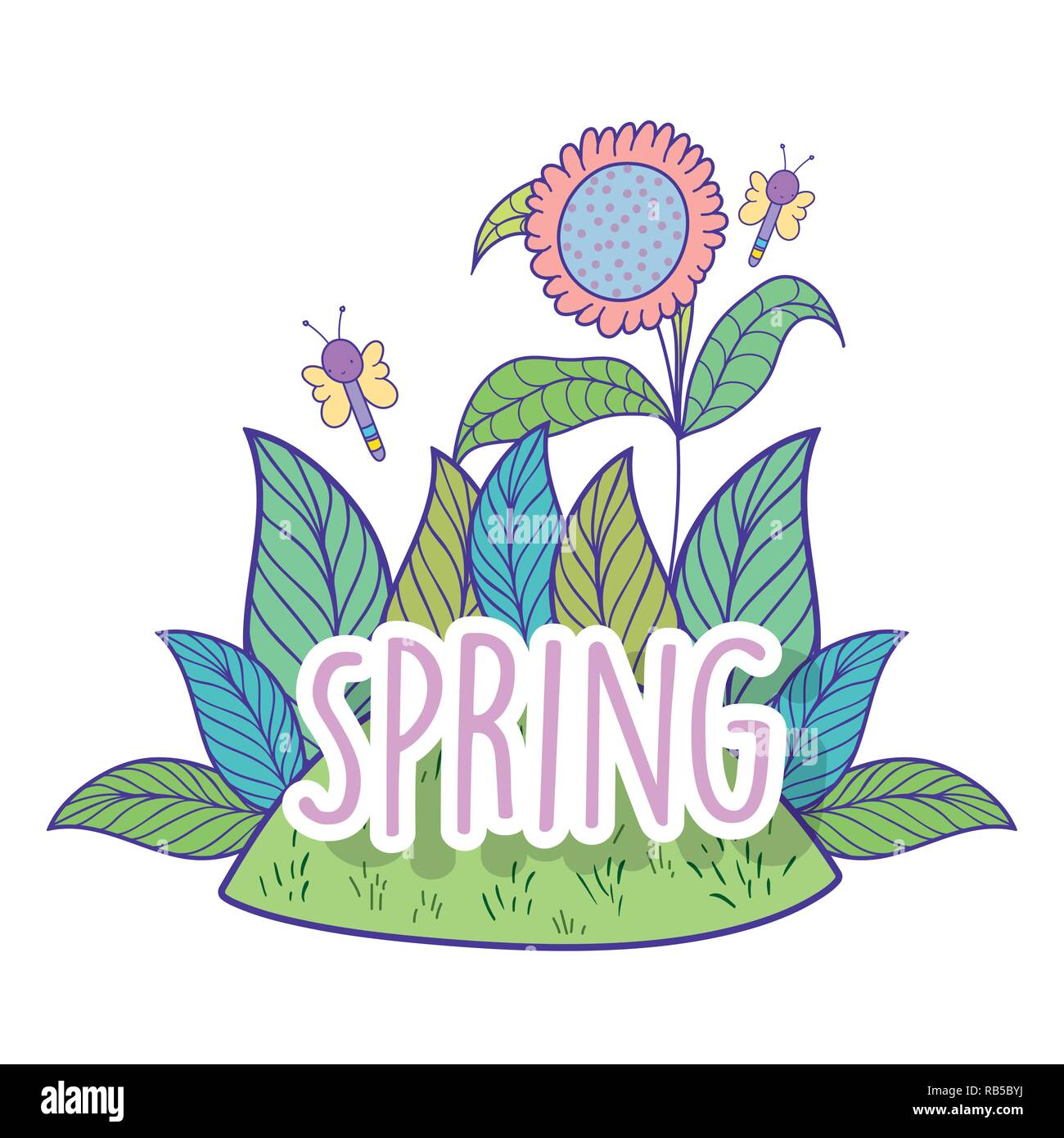 spring flower plant with leaves and dragonflies Stock Vector Image ...