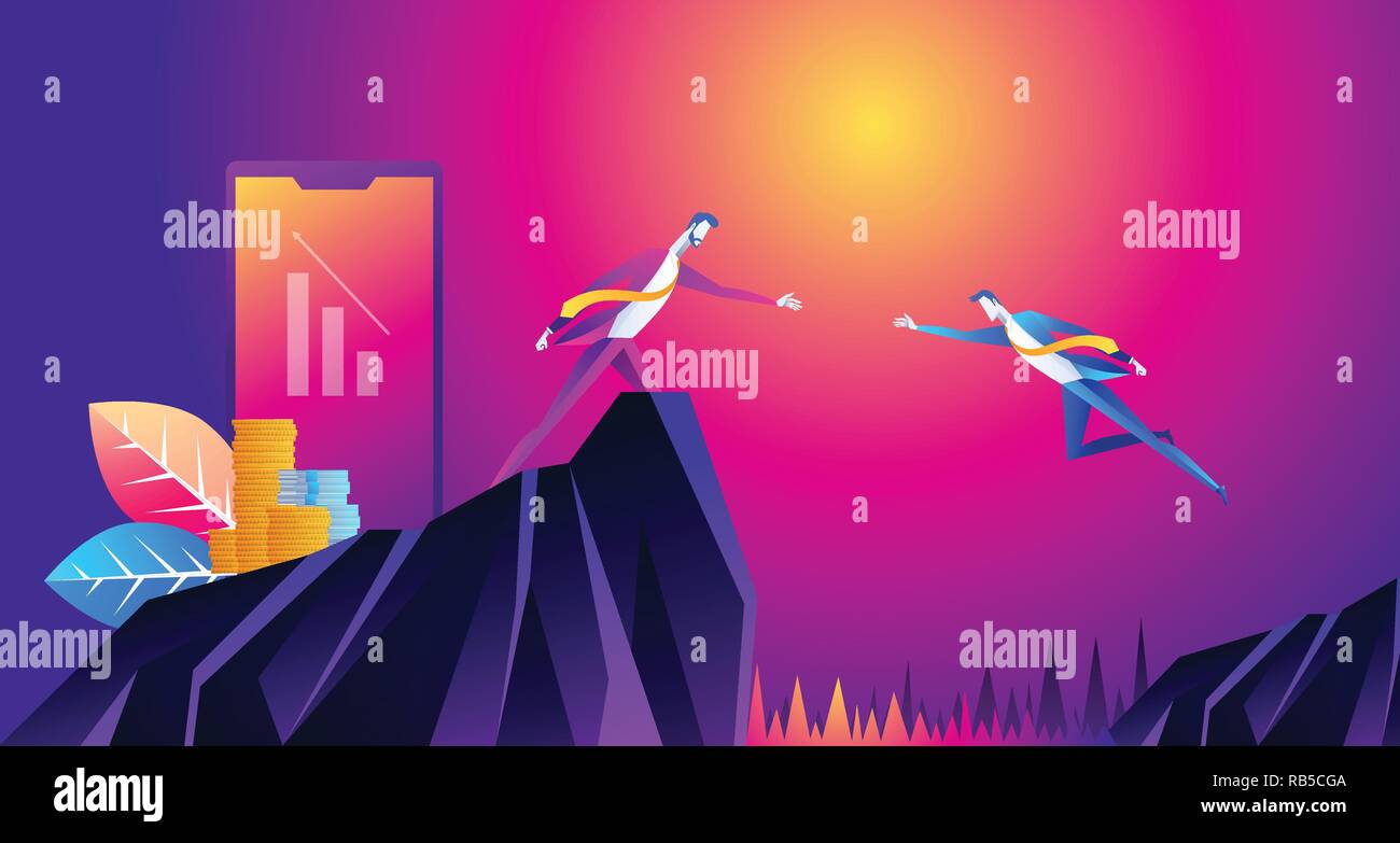 illustration of big hand help businessman jump to goal at cliff ...