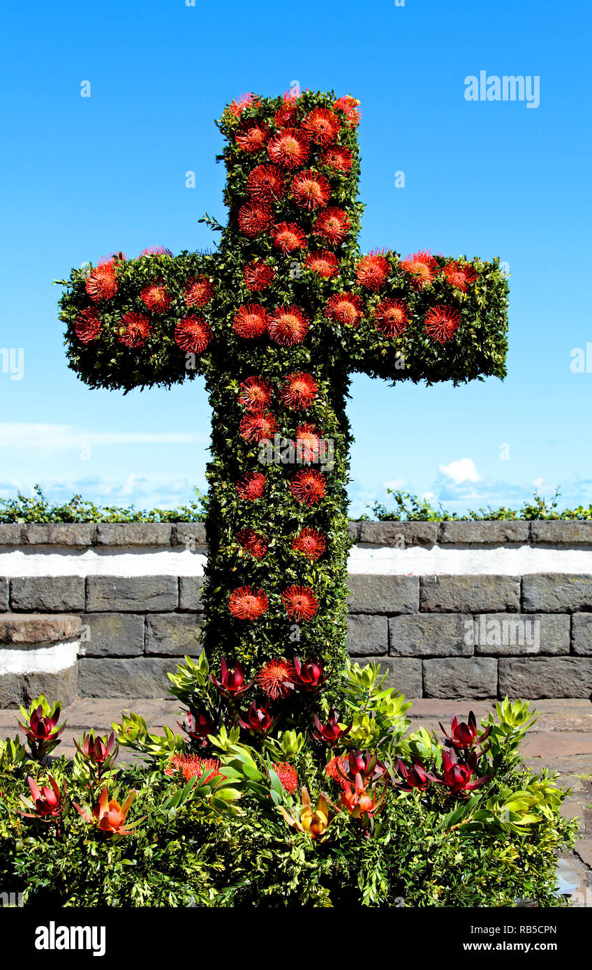 A colourful cross covered with red beautiful flowers Stock Photo - Alamy