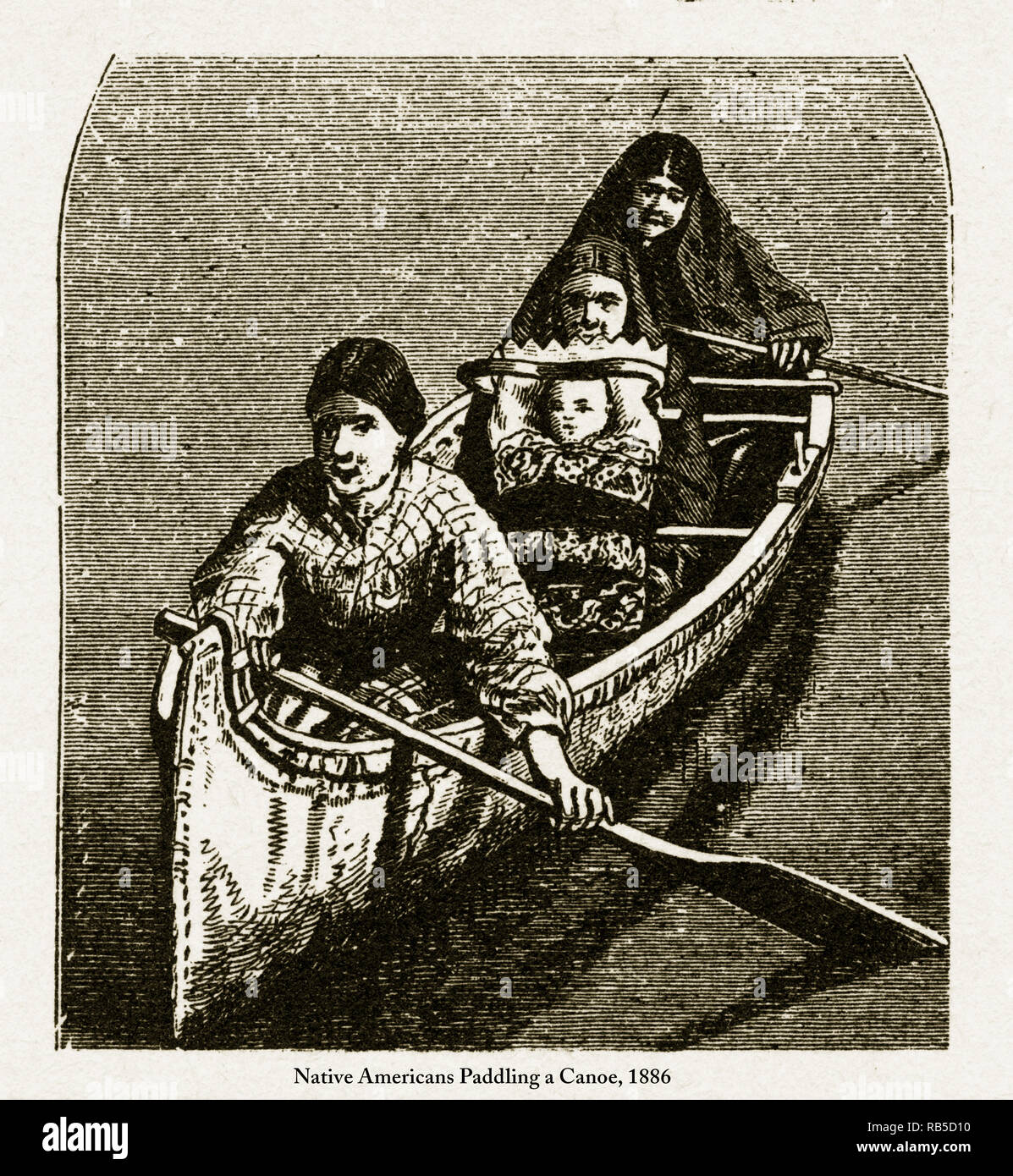Native Americans Paddling a Canoe Victorian Engraving, 1886 Stock Photo ...