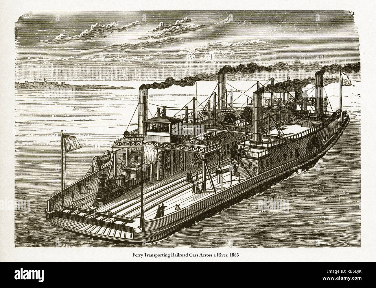 Ferry Transporting Railroad Cars Across a River Victorian Engraving ...