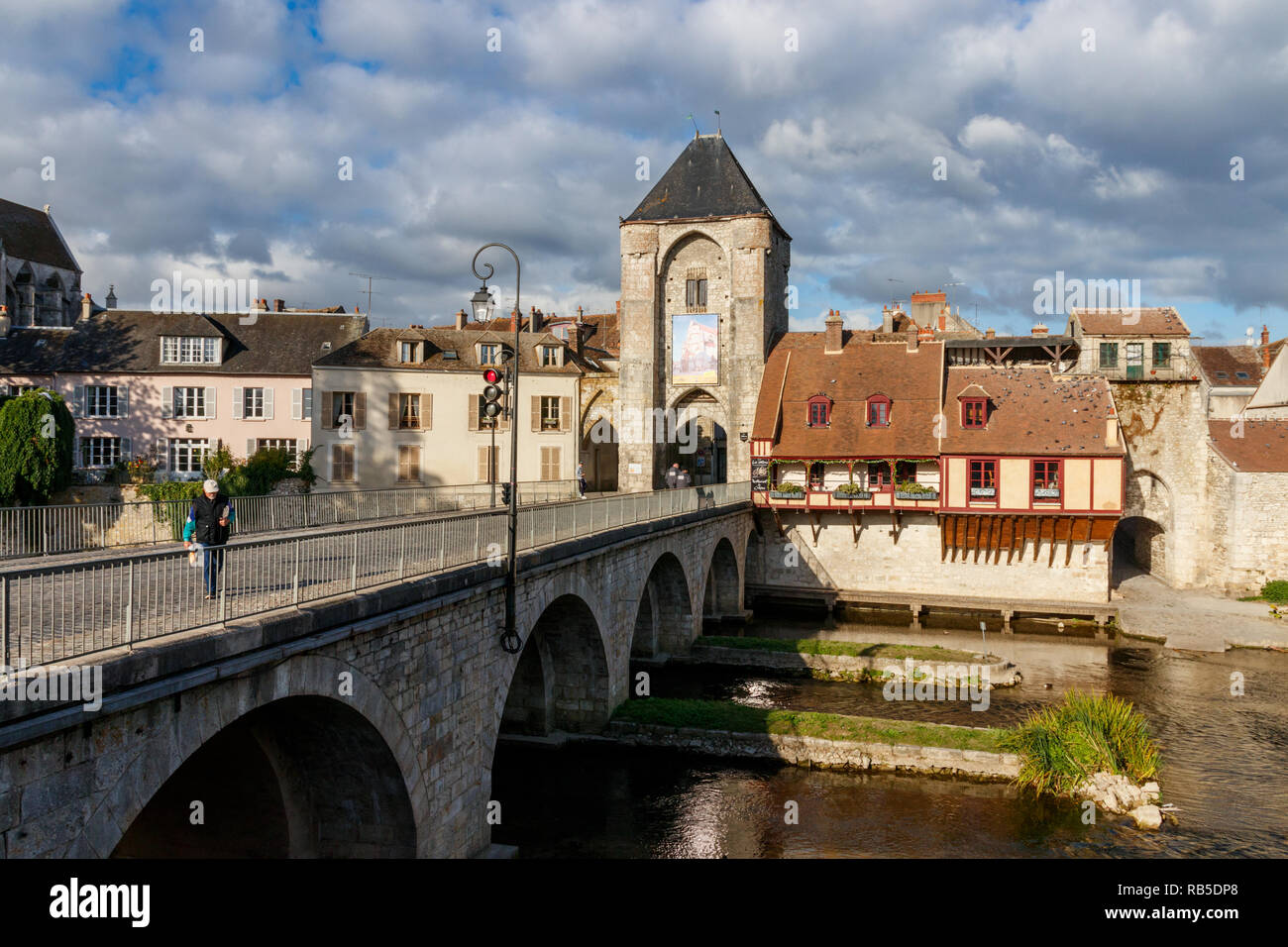 View of Moret-sur-Loing with the Bridge over the river Loing and the ...