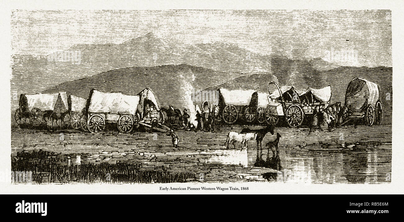 Pioneer Western Wagon Train, Early American Victorian Engraving, 1868 ...