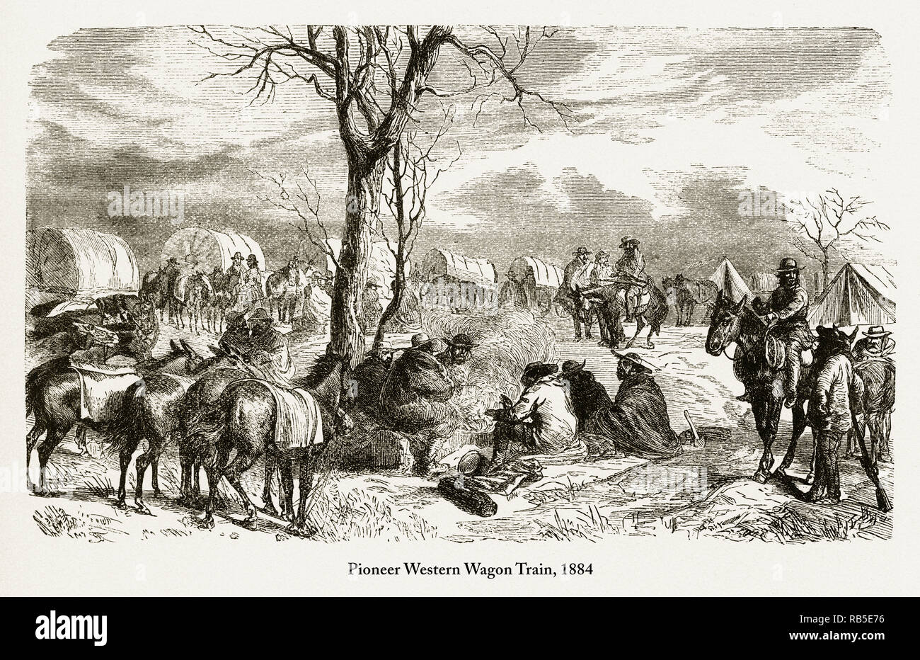 Pioneer Western Wagon Train, Early American Victorian Engraving, 1884 ...
