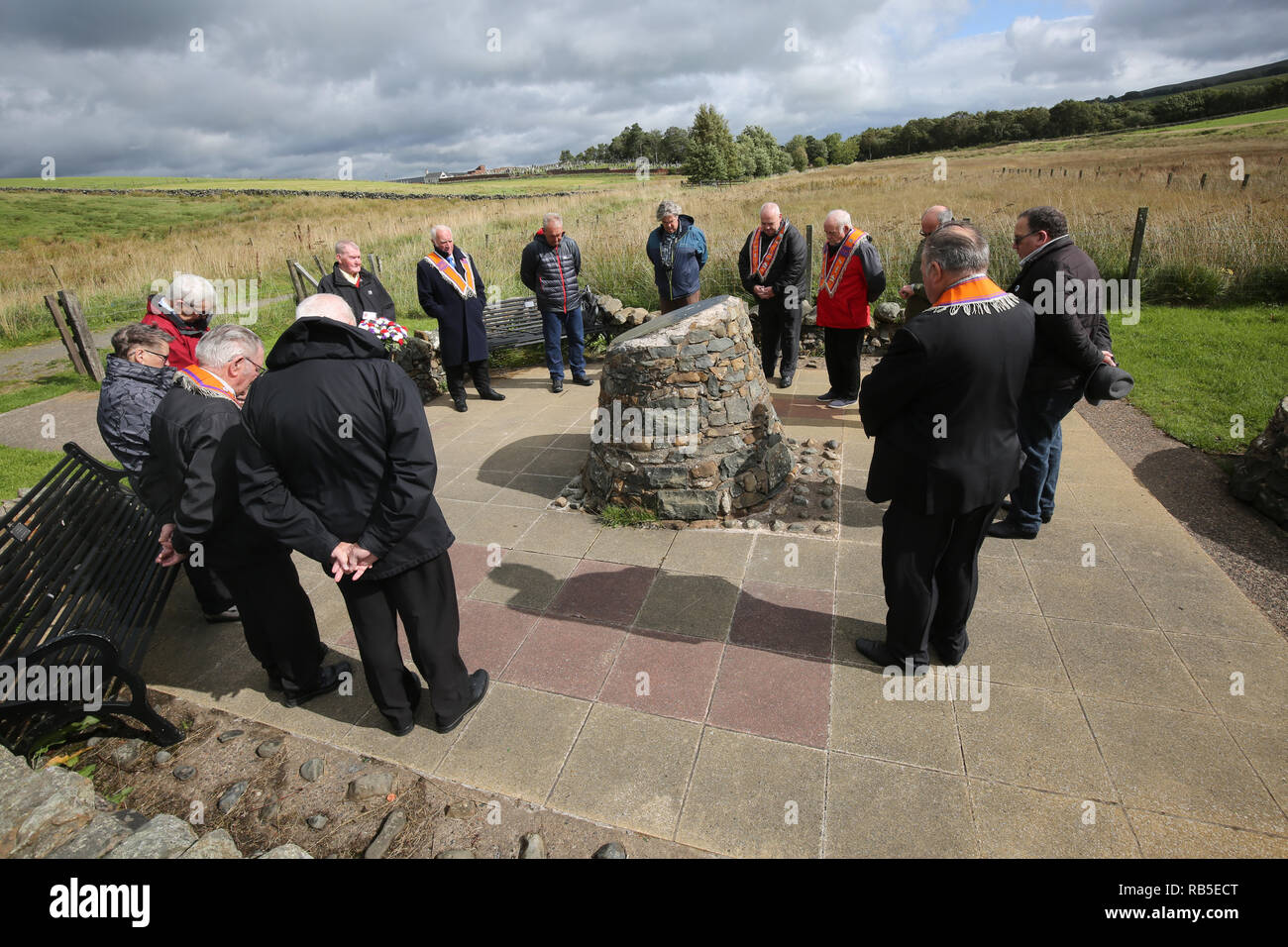 Scotland, Ayrshire, New Cumnock, Knockshinnoch. Memorial & cairn to 13 ...
