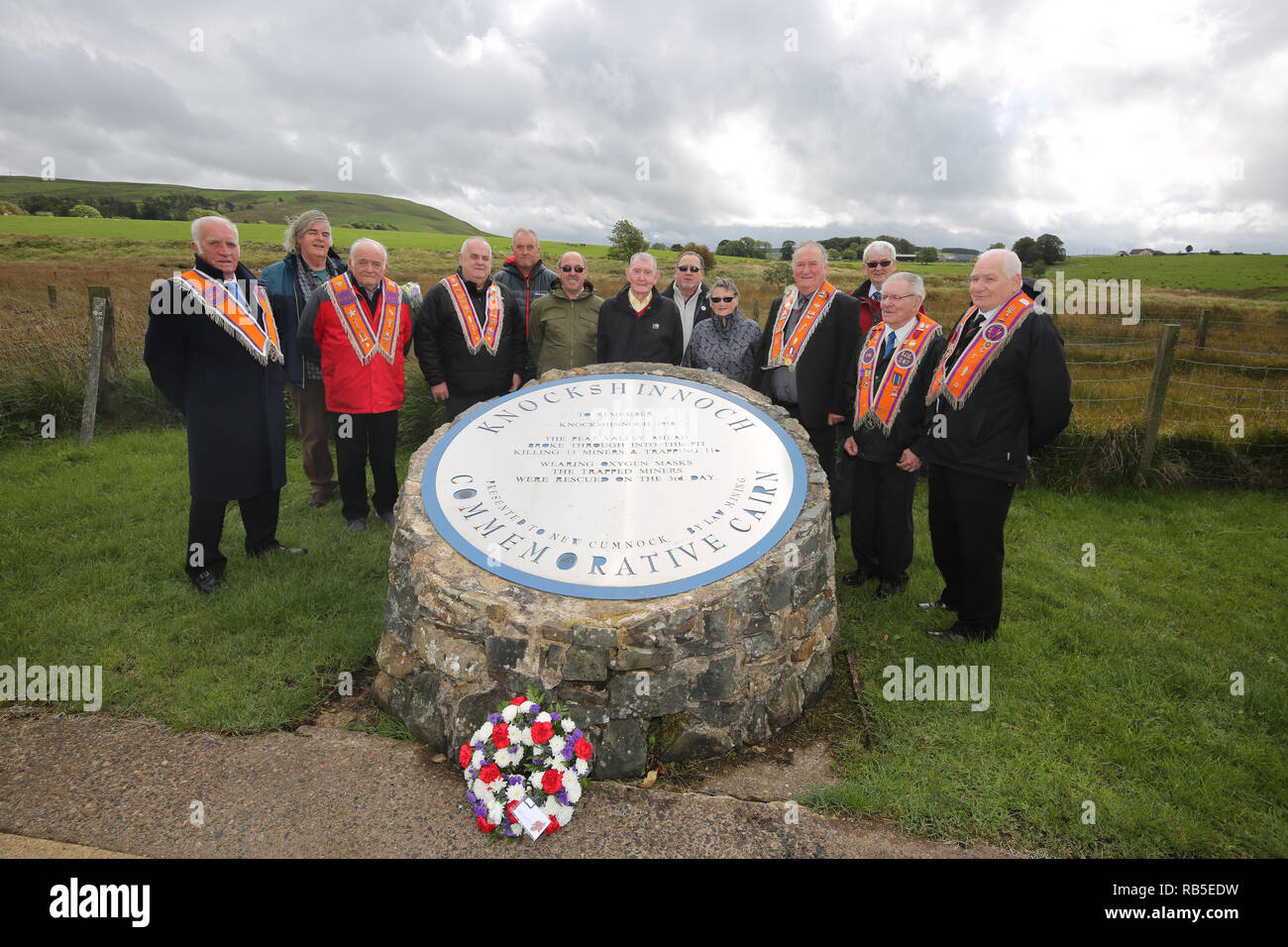 Scotland, Ayrshire, New Cumnock, Knockshinnoch. Memorial & cairn to 13 ...