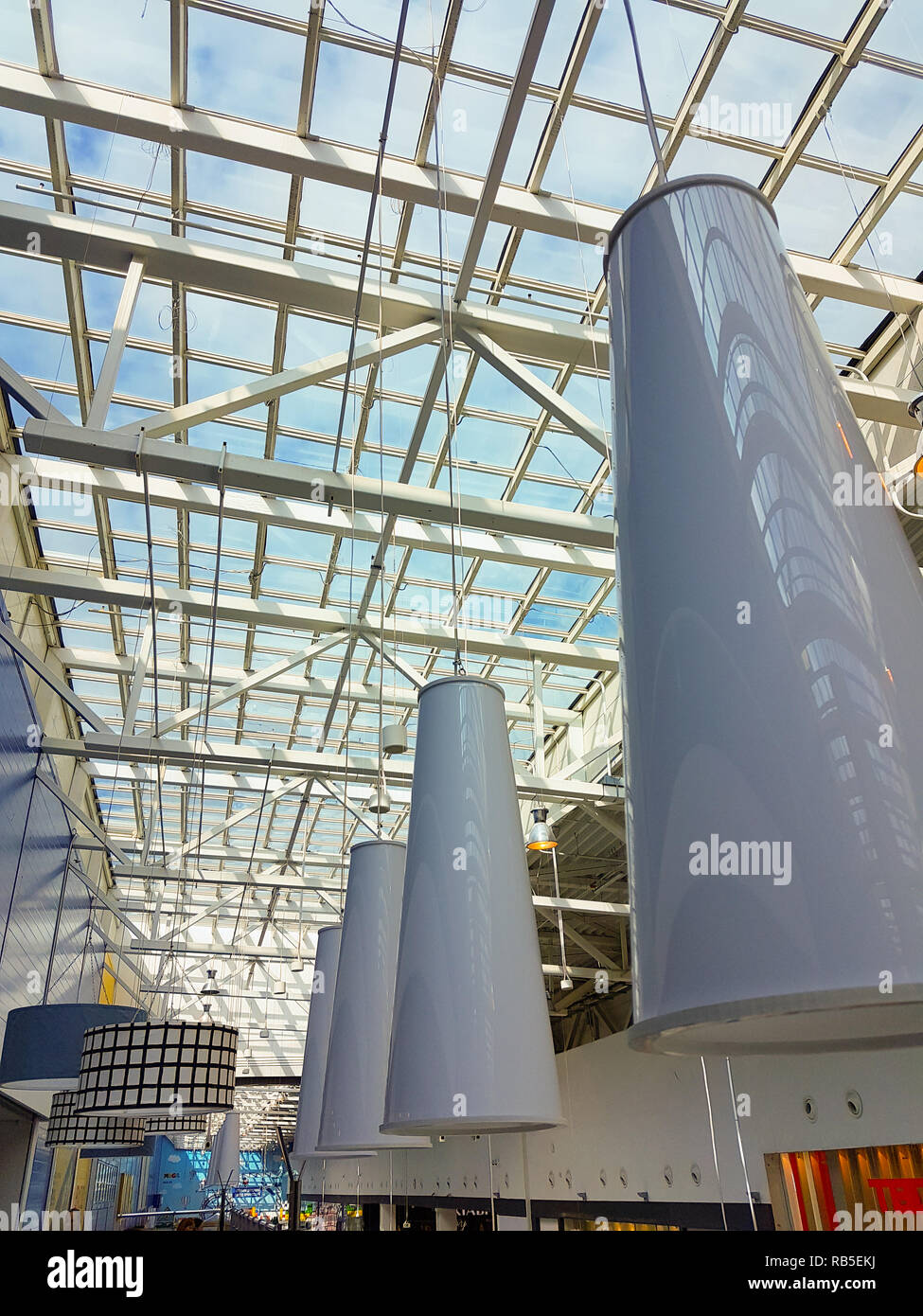 lamps on the background of the glass roof of the shopping center Stock ...