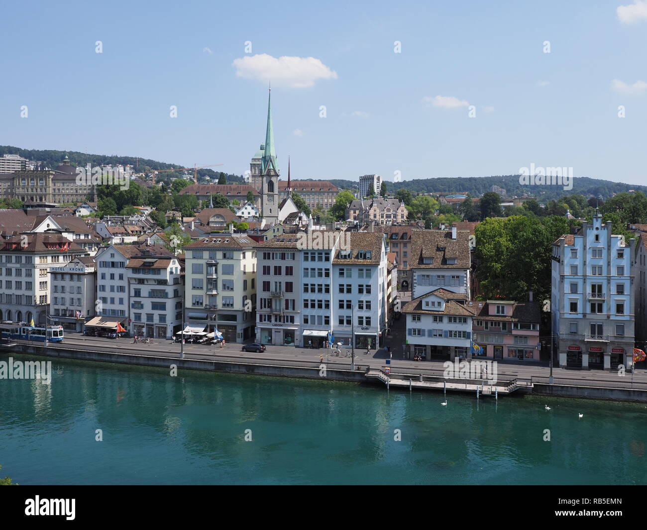 Fantastic houses on bank of Limmat river and european cityscape ...