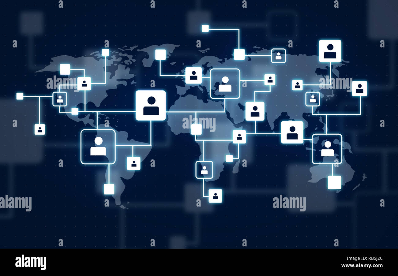 virtual icons of social network over world map Stock Photo - Alamy