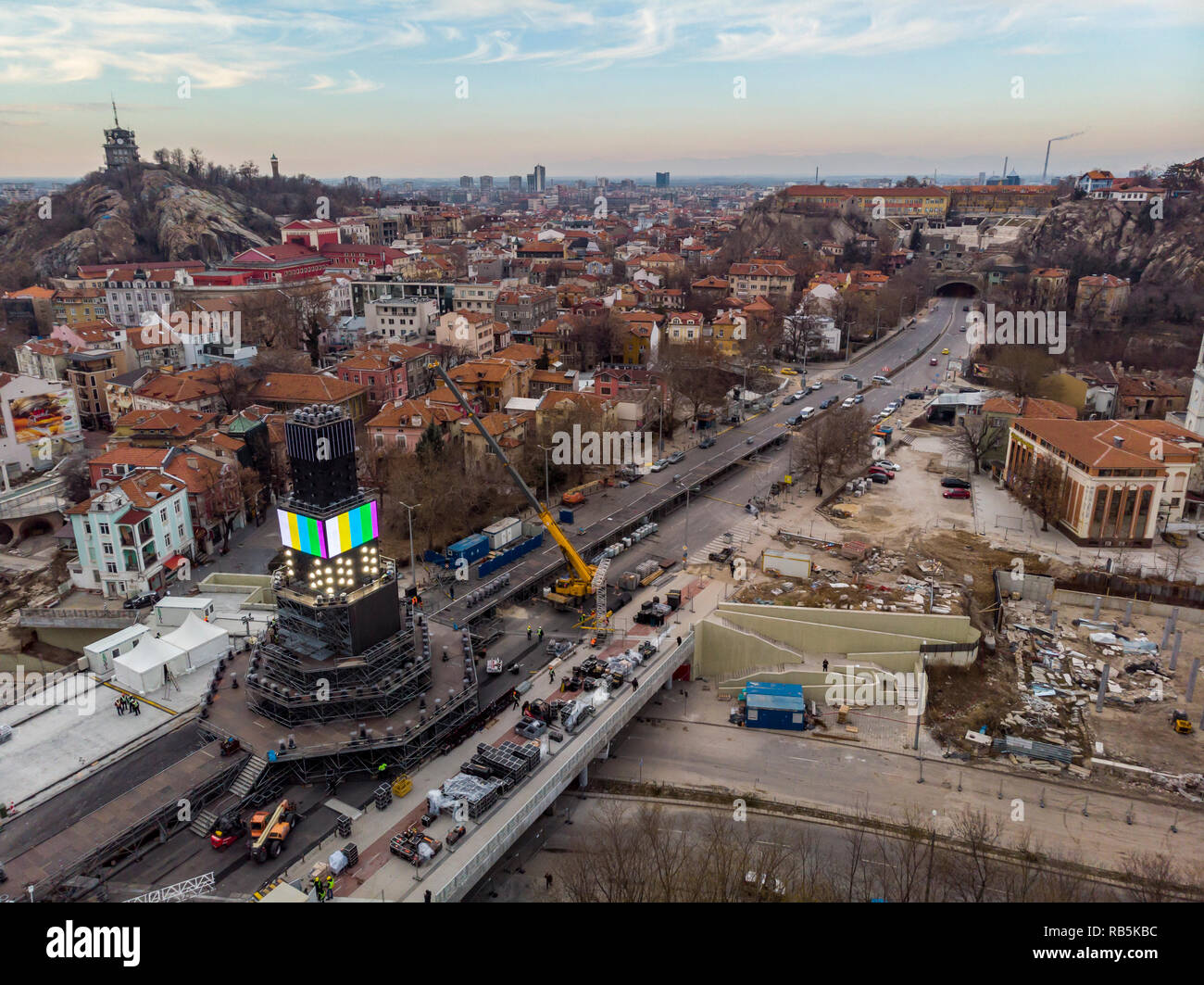 PLOVDIV, BULGARIA - JANUARY 05, 2019 - Main tower and stage for the ...