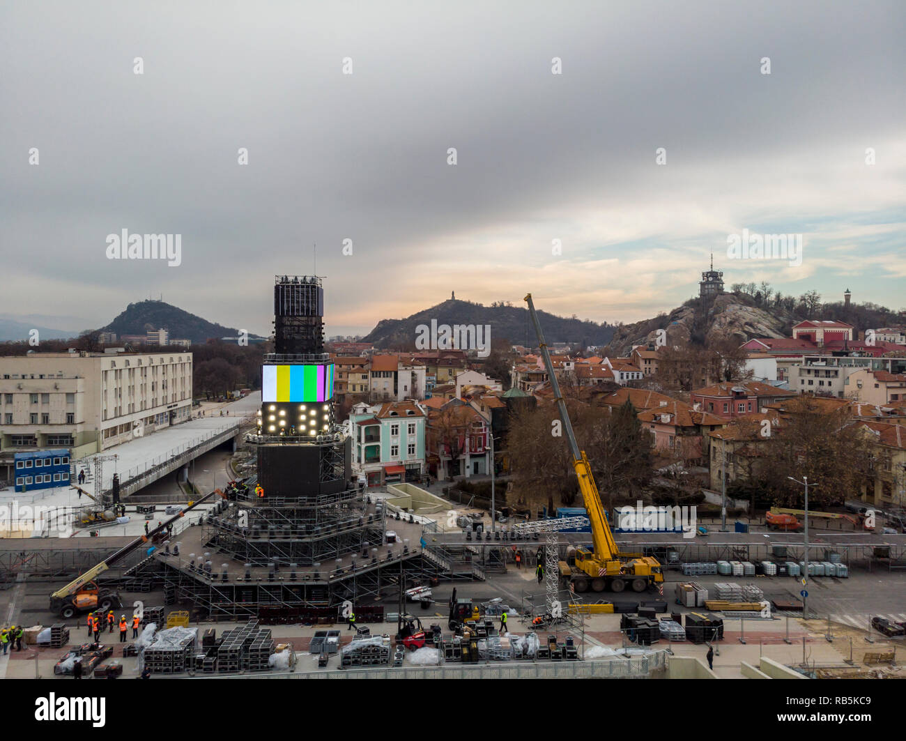 PLOVDIV, BULGARIA - JANUARY 05, 2019 - Main tower and stage for the ...