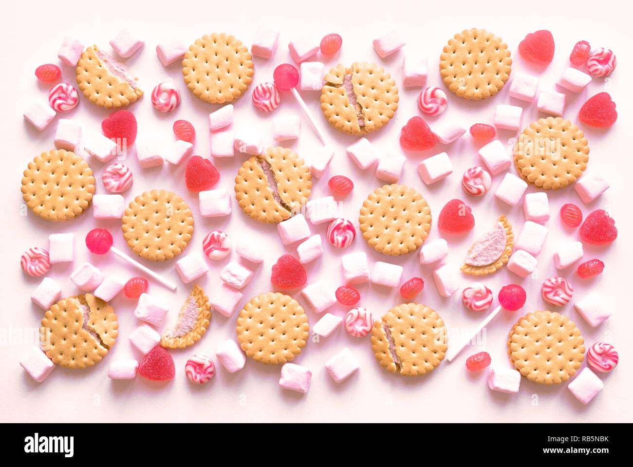 Pink candies, marshmallows and cookies pattern, background. Various ...