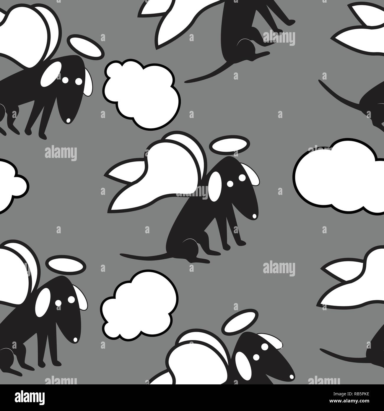 vector seamless pattern of angel dog and clouds on grey background ...