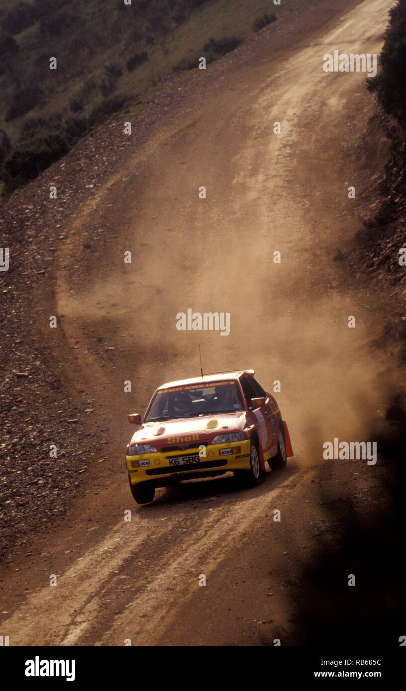 1992 Ford Escort RS Cosworth Rally car of a rally stage in Wales UK ...