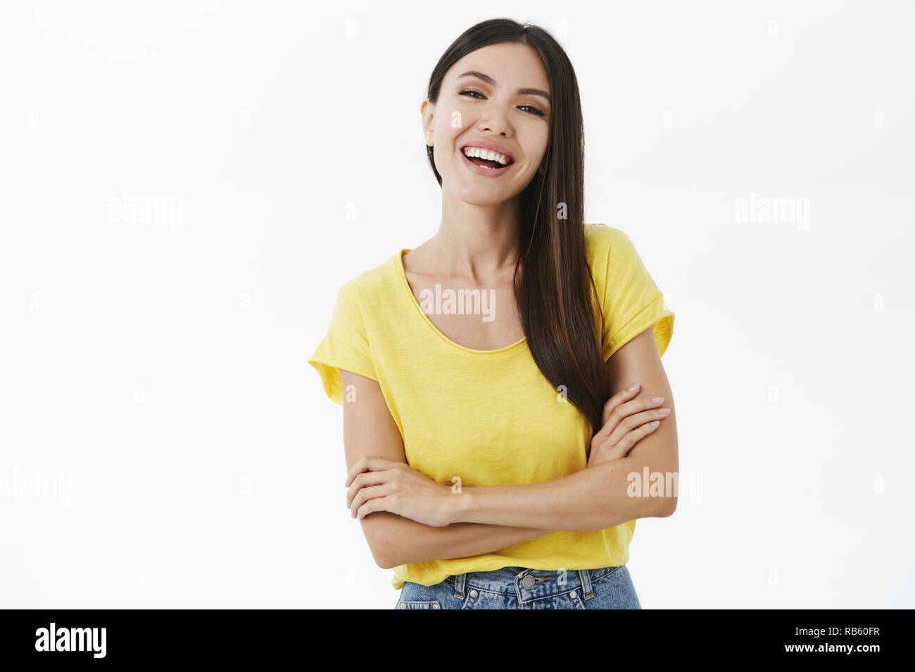 Laugh together, have fun and enjoy life. Happy good-looking slim woman ...