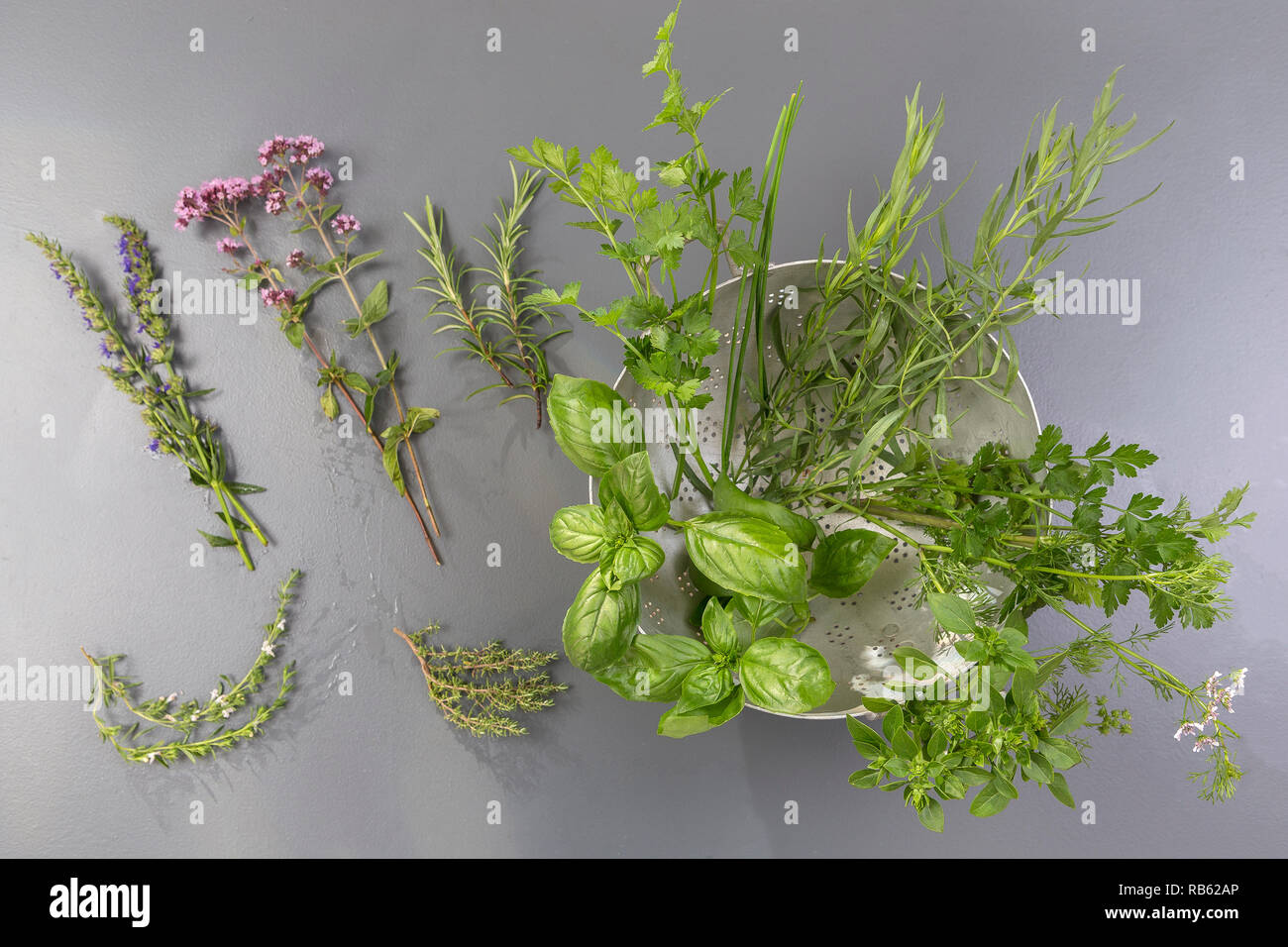 Aromatic herbs and spices from garden, healthy cooking from above Stock ...