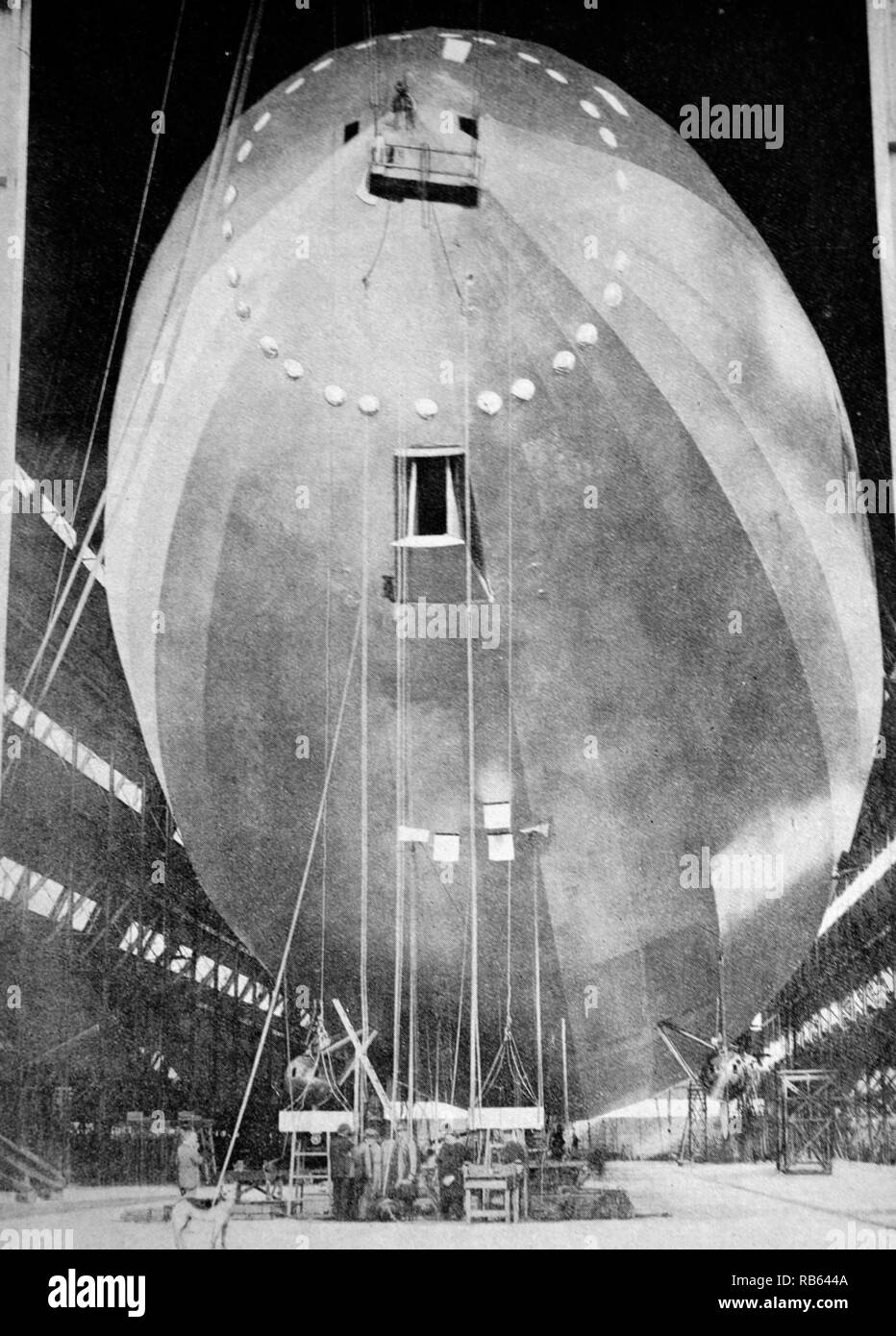 Photograph of an observation balloon being constructed. Gas-filled ...