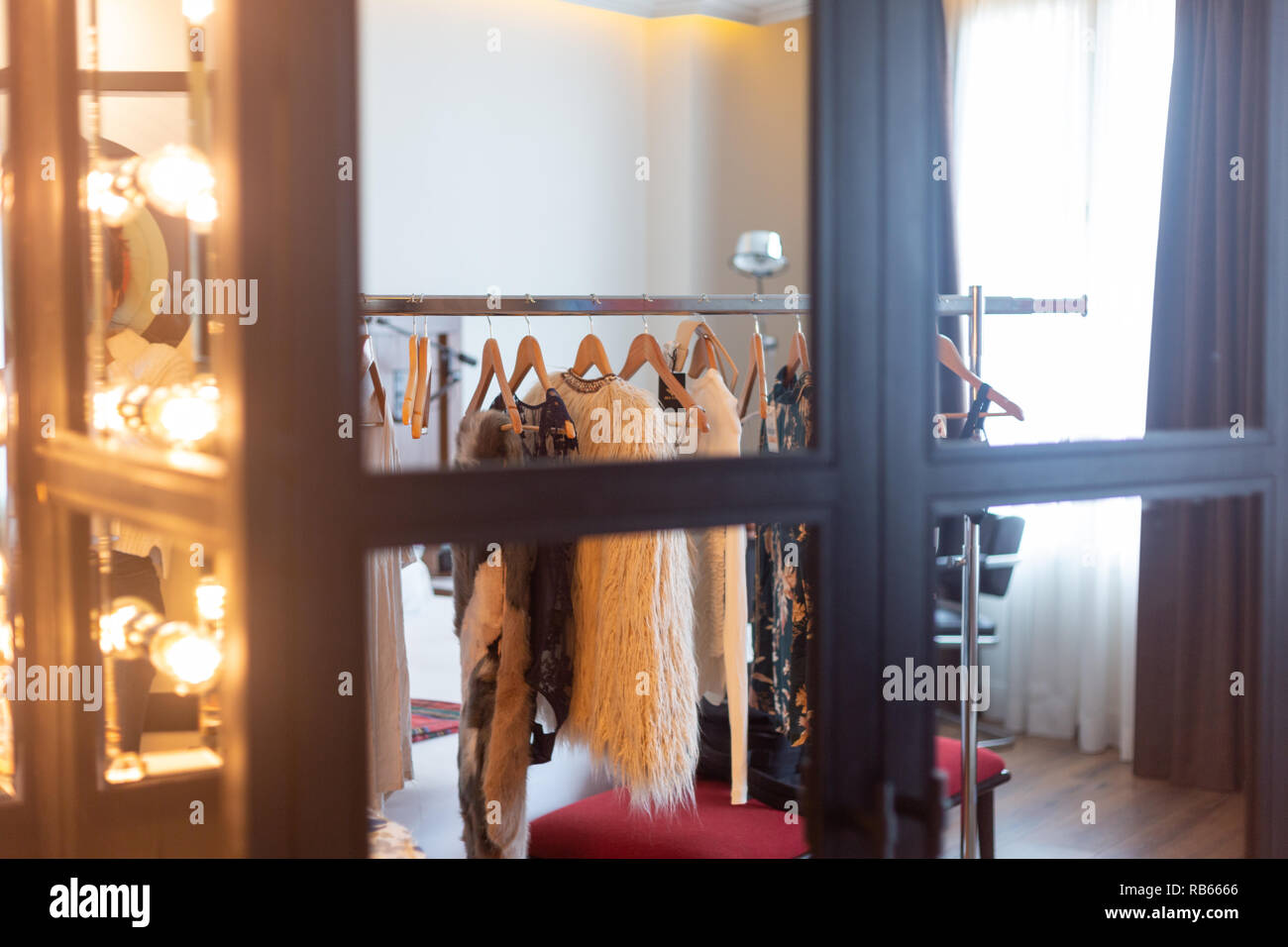 interior of the dressing room of an actress, with a mirror with bulb ...