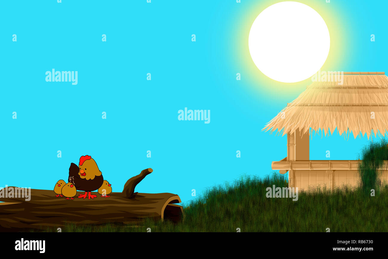 Good morning hen with her chicken beside a hen house. The wise little ...