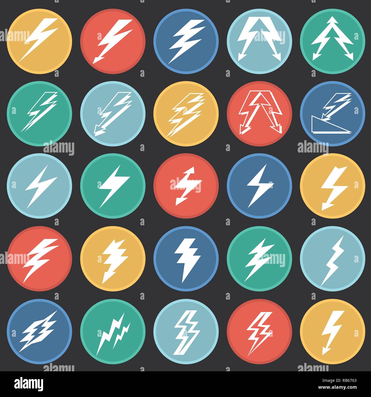 Lightning icon set on color circles black background for graphic and ...