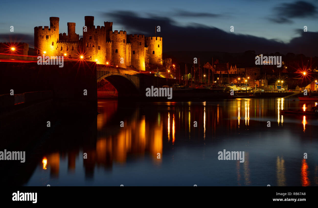 Conwy Castle, and the River Conwy Estuary, and quay, North Wales. Image ...