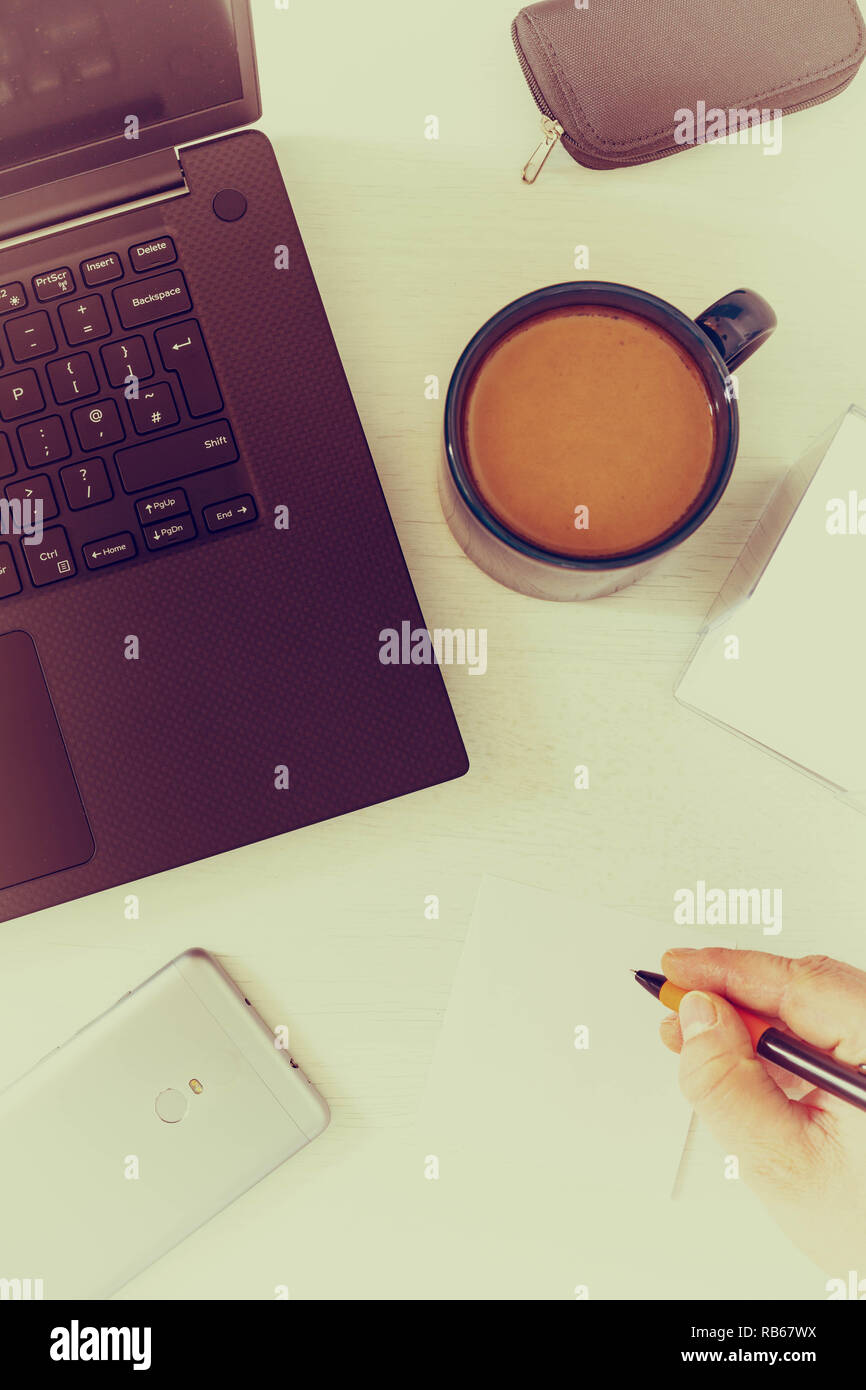 office desk, with notes and coffee computer Stock Photo - Alamy