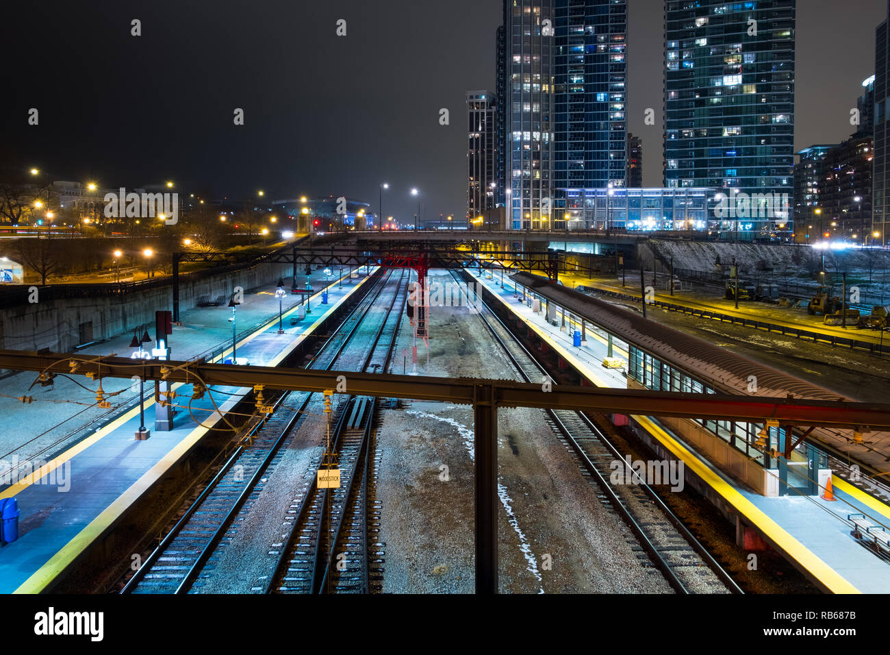 Chicago Museum Campus train Station in winter evening with bright ...