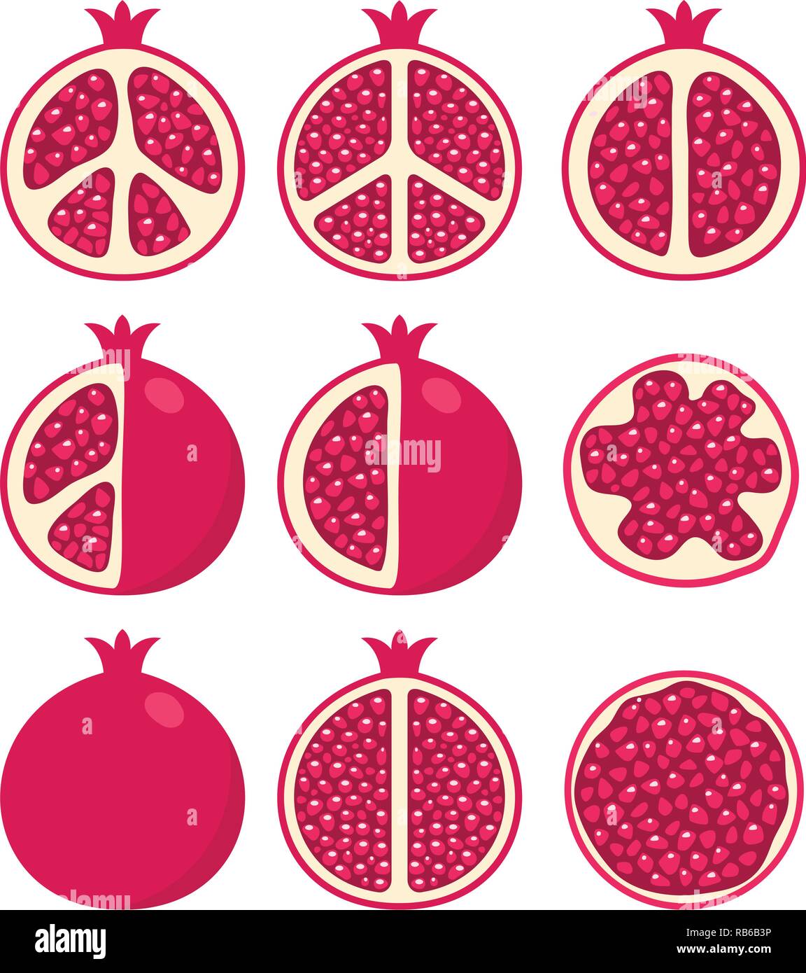 vector set of stylized pomegranate cuts and whole pomegranates ...