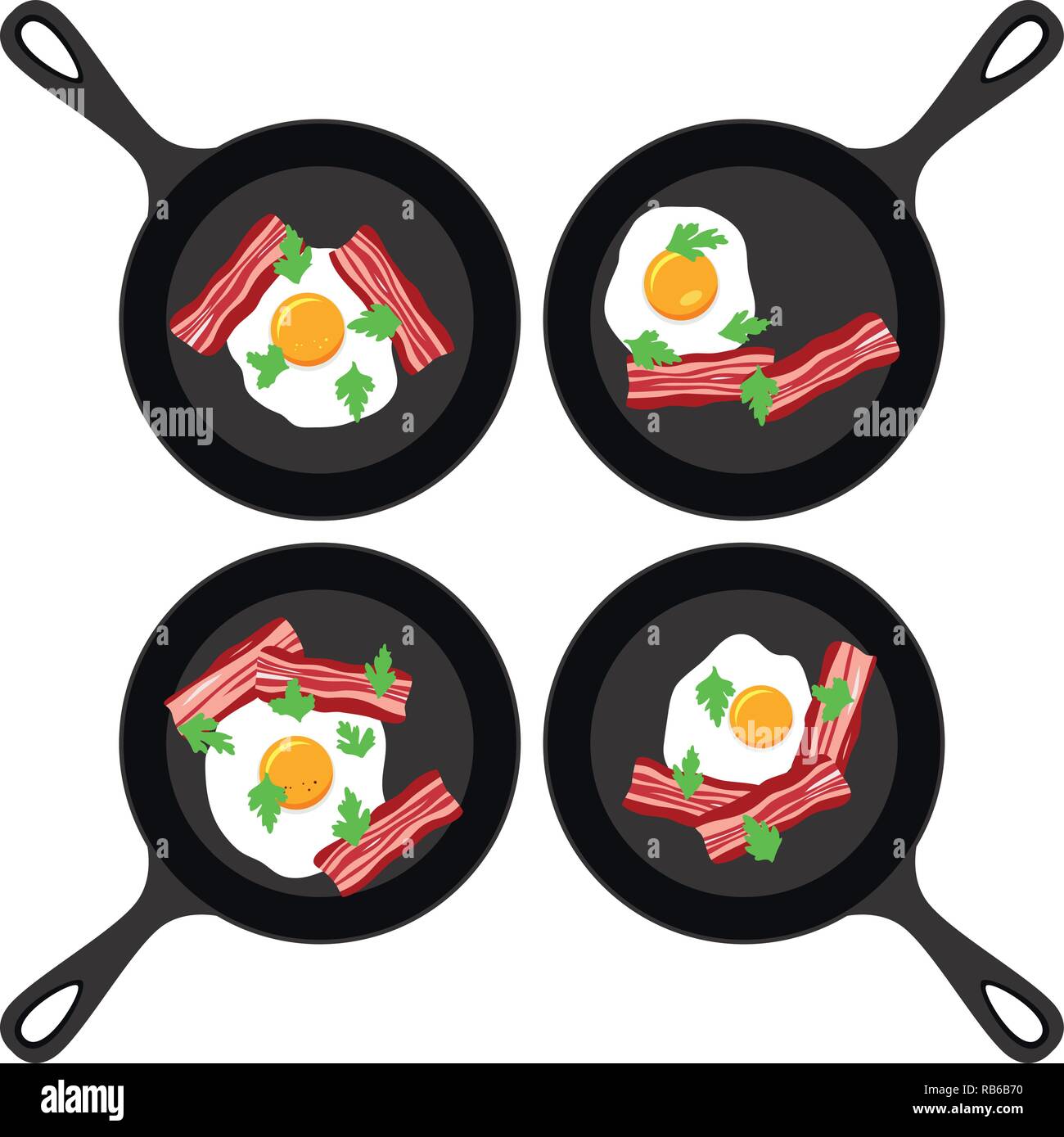 vector set of pans with fried eggs and bacon. collection of breakfast ...