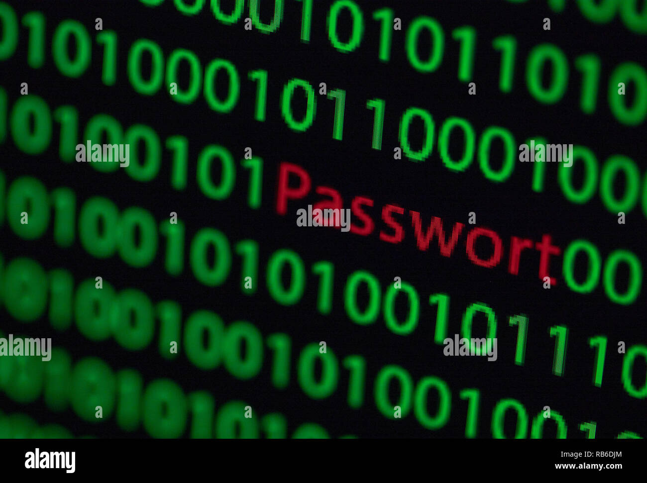 Schwerin, Germany. 04th Jan, 2019. Between the binary code on a laptop monitor word "password ...