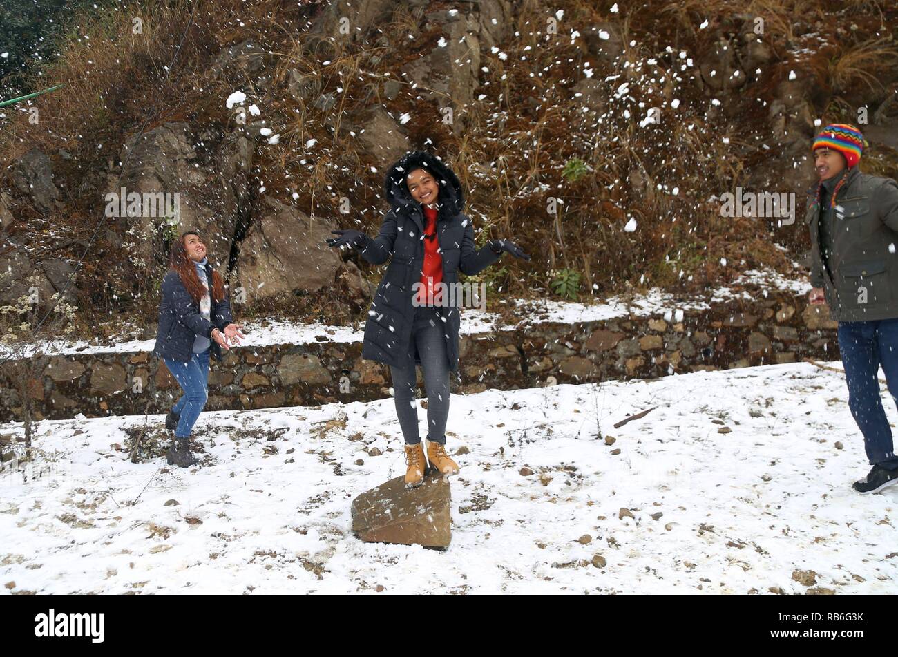 Kathmandu, Nepal. 7th Jan, 2019. People play with snow after a snowfall ...