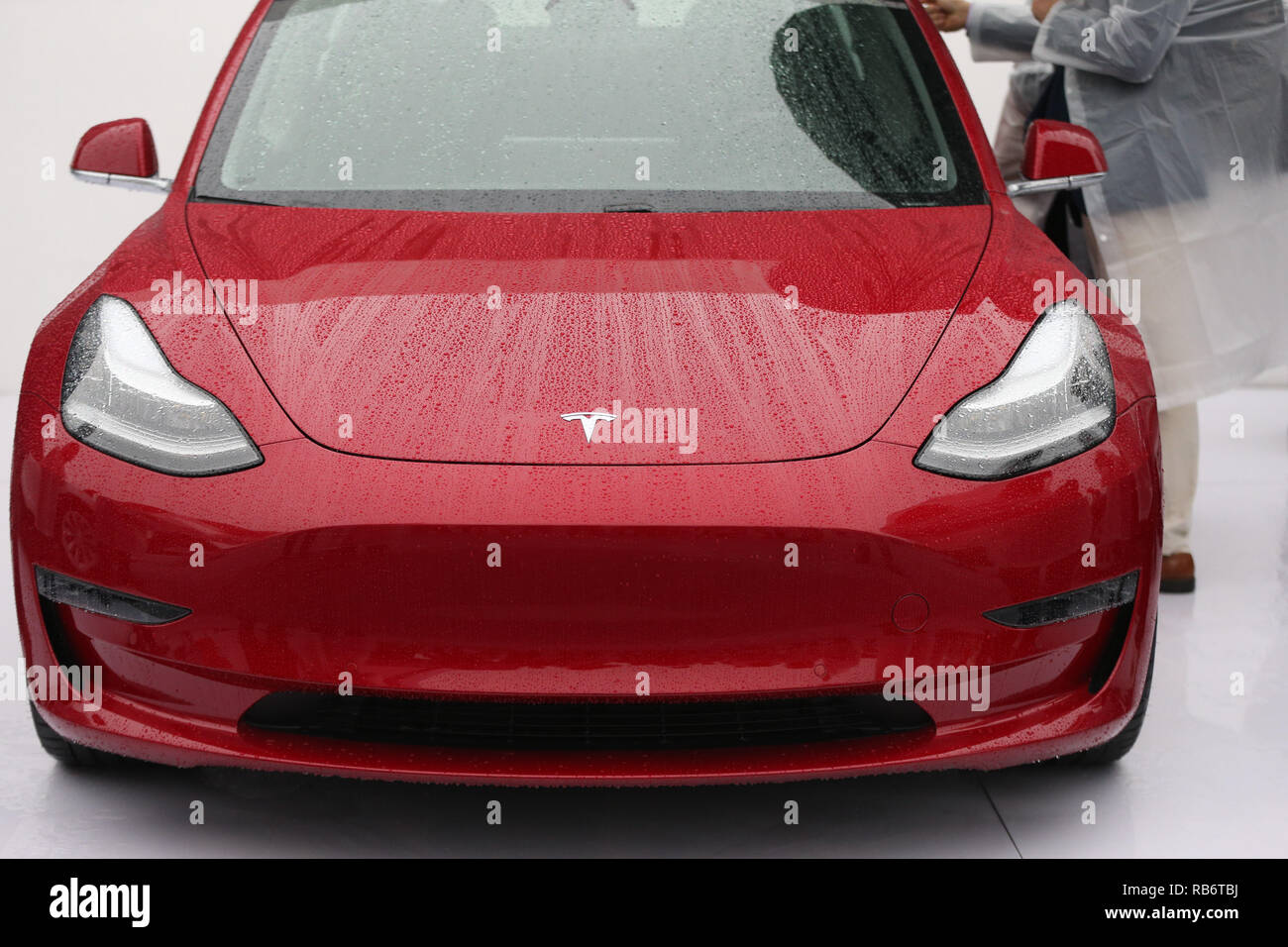 Beijing, China. 7th Jan, 2019. A Tesla Model 3 is displayed at the ...