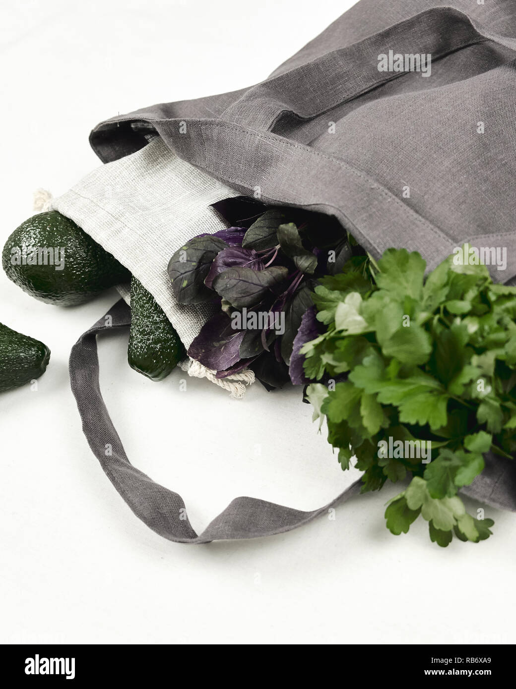 Gray Reusable Eco Friendly Bag with Avocado Stock Photo - Alamy