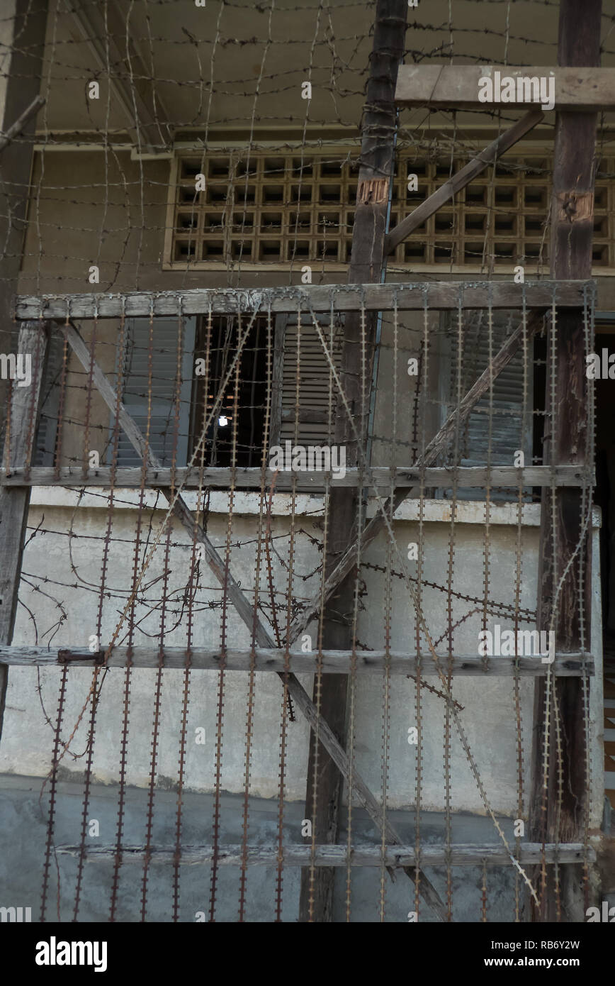 Cell-block C in the former Tuol Sleng Prison, aka S-21, originally a ...