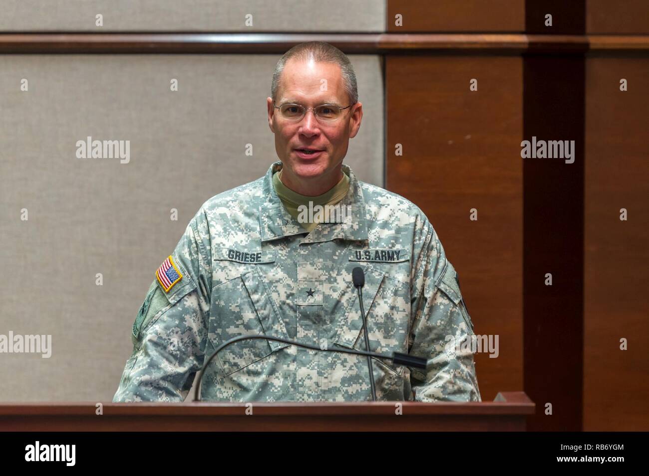 U.S. Army Brig. Gen. Kevin Griese addresses members of the U.S. Army ...