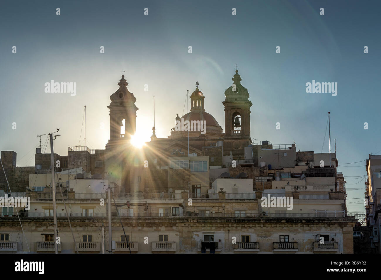 Church of Our Lady of Victory, Senglea, Malta with buildings and lens ...