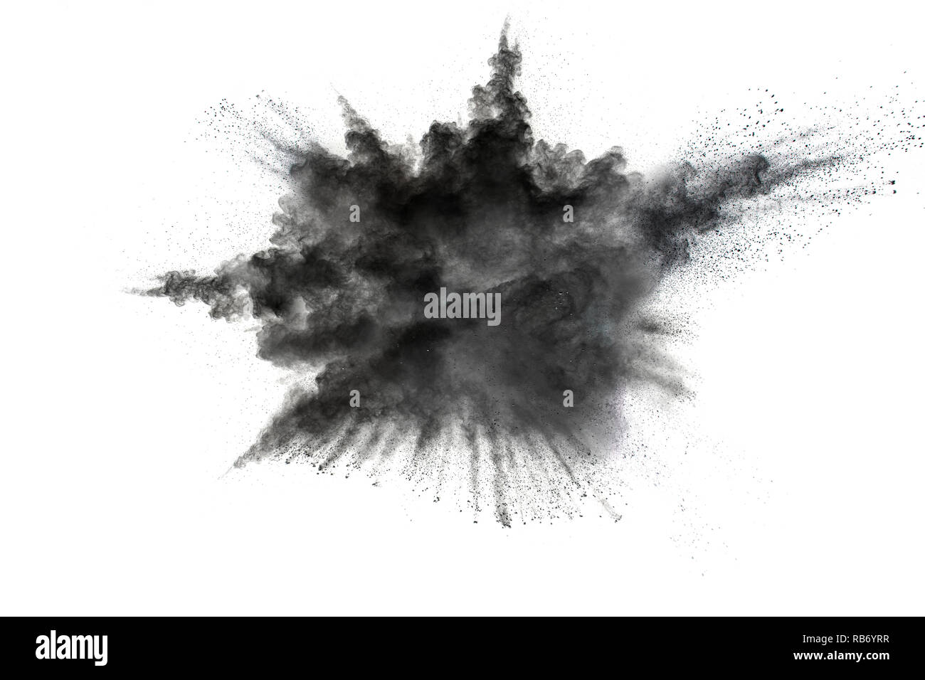 Black powder explosion against white background. Charcoal dust particle ...