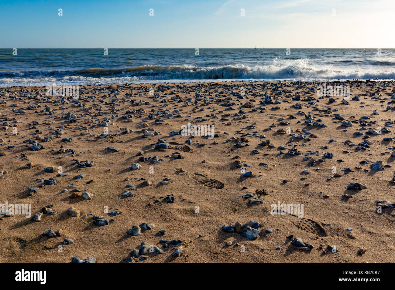 Landscape photograph of deserted beach with a set of footprints running ...