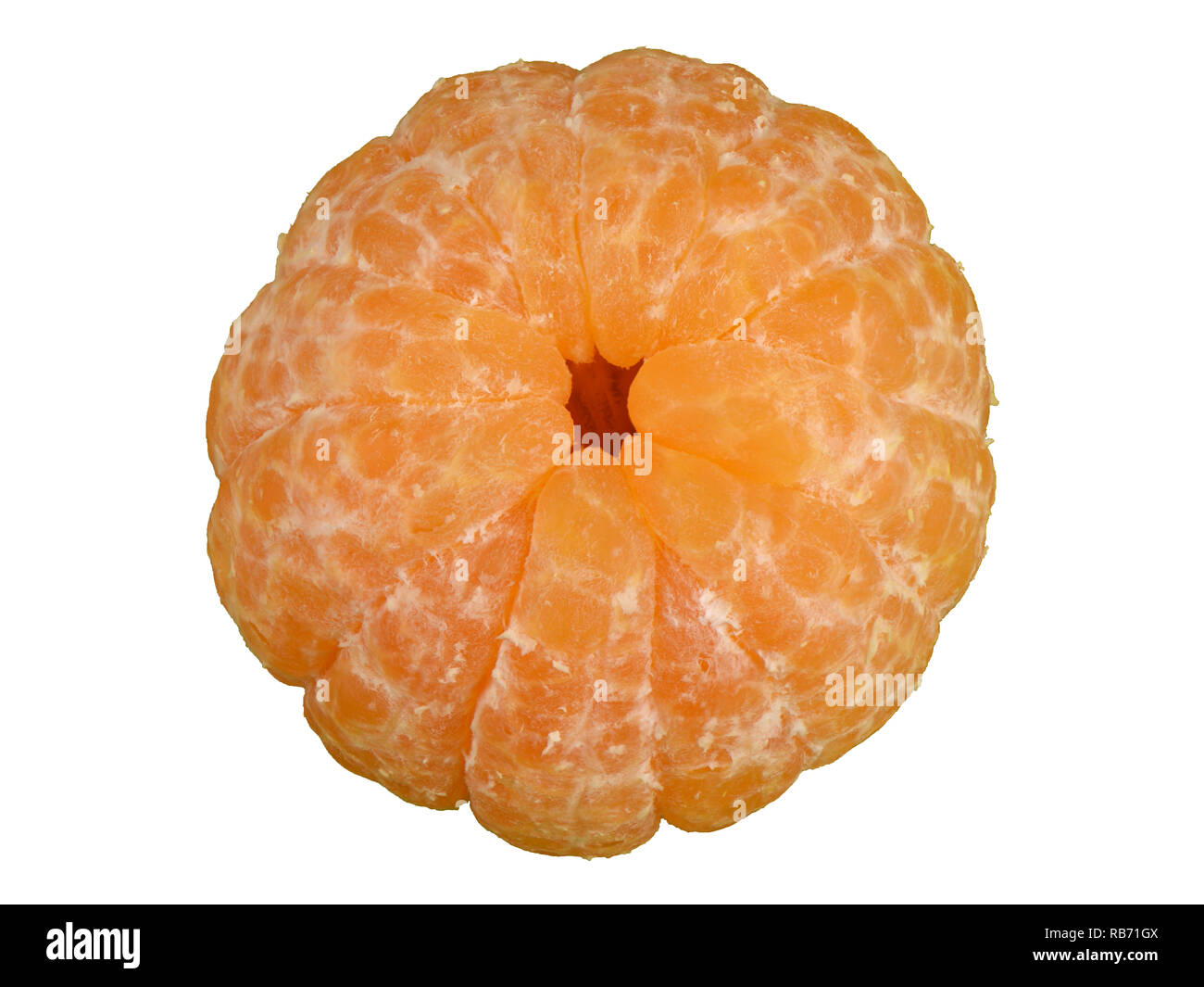 Peeled mandarin in the center on a white background. Copy space. Close ...