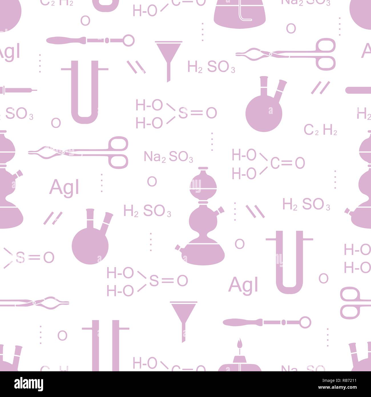 Scientific vector seamless pattern with flasks, burners, funnels, tools ...