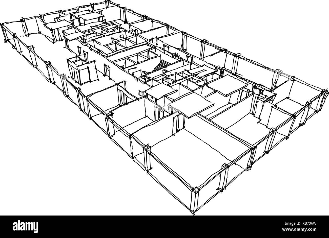 hand drawn architectural sketch of a typical floor in modern office ...