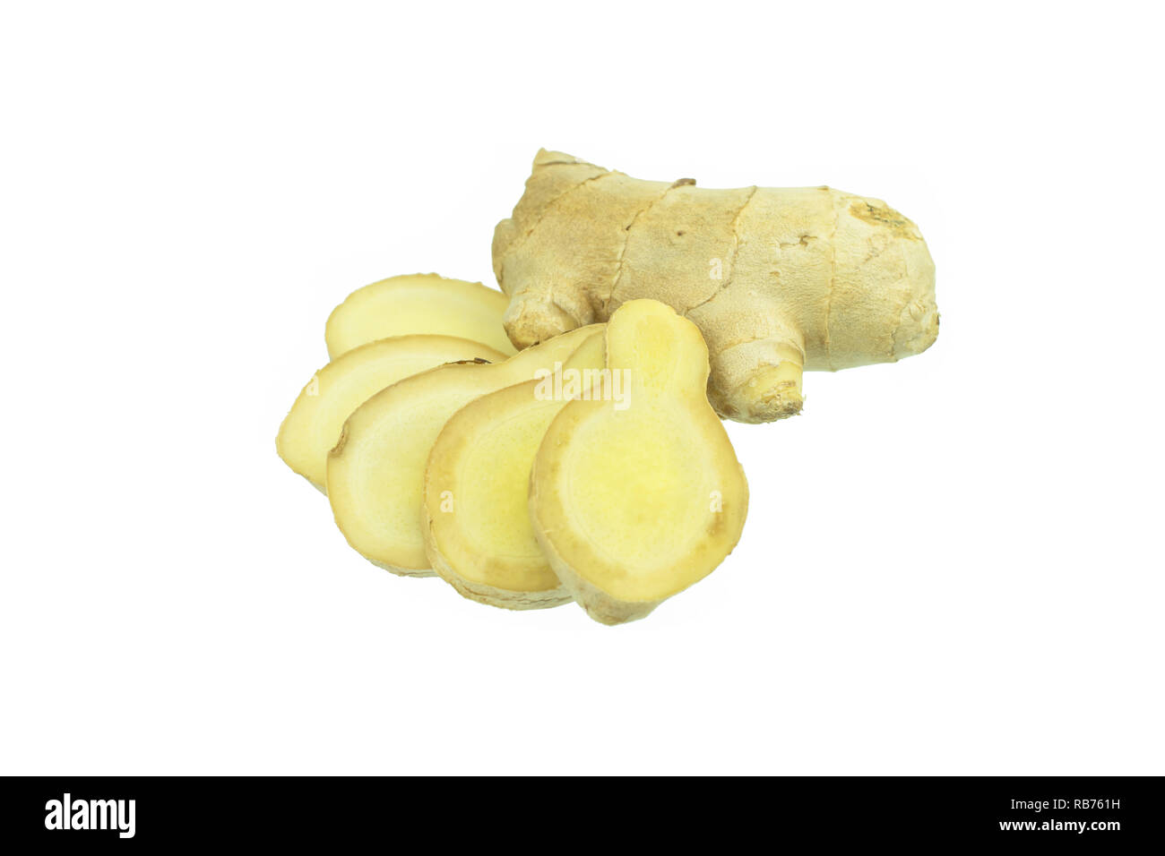 slices of fresh ginger and heap isolated on white background Stock ...