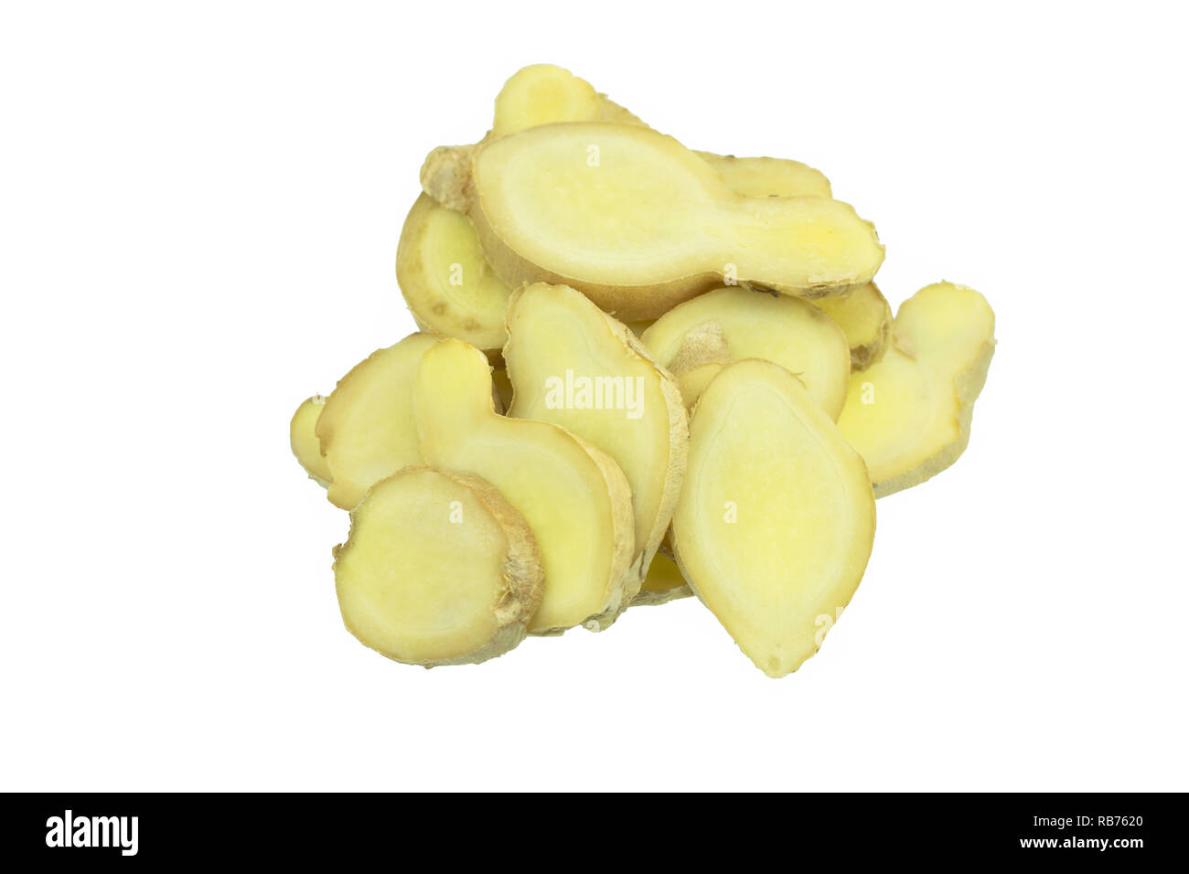 slices of fresh ginger and heap isolated on white background Stock ...
